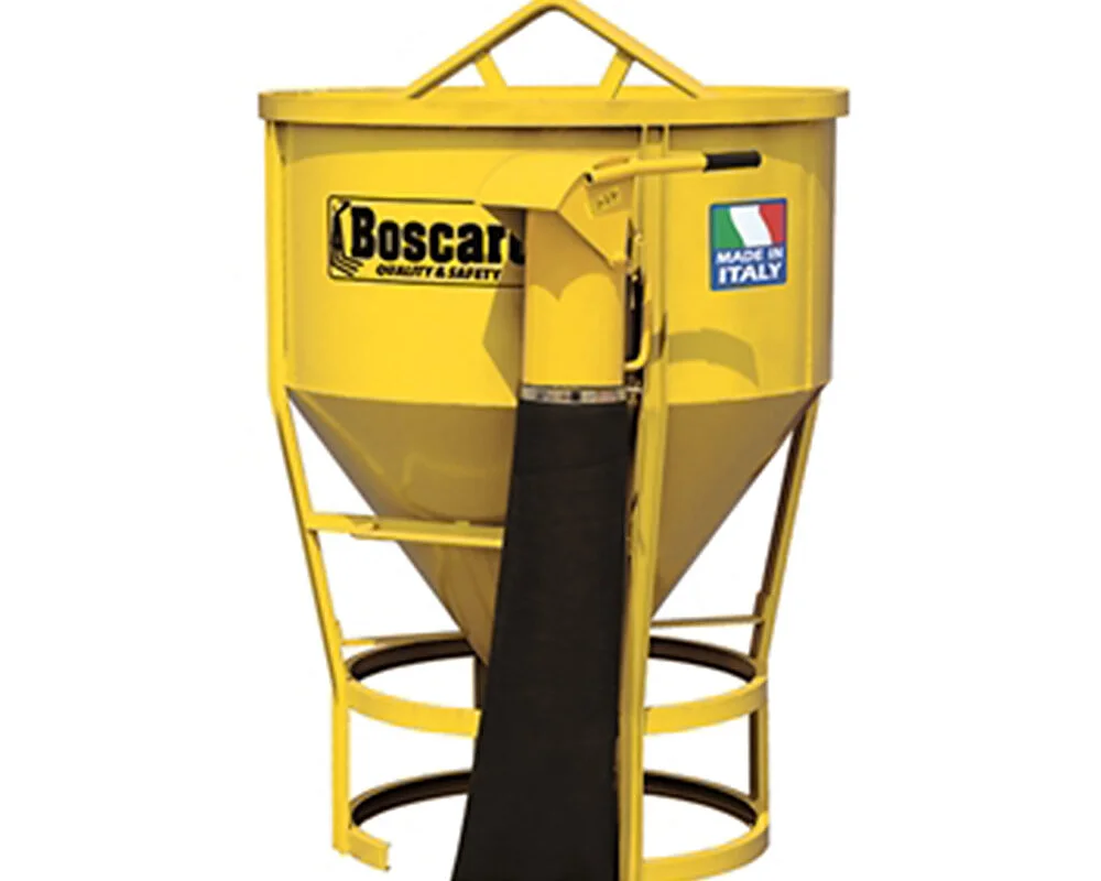 Conical concrete bucket with rubber hose and valve at the end of the ...