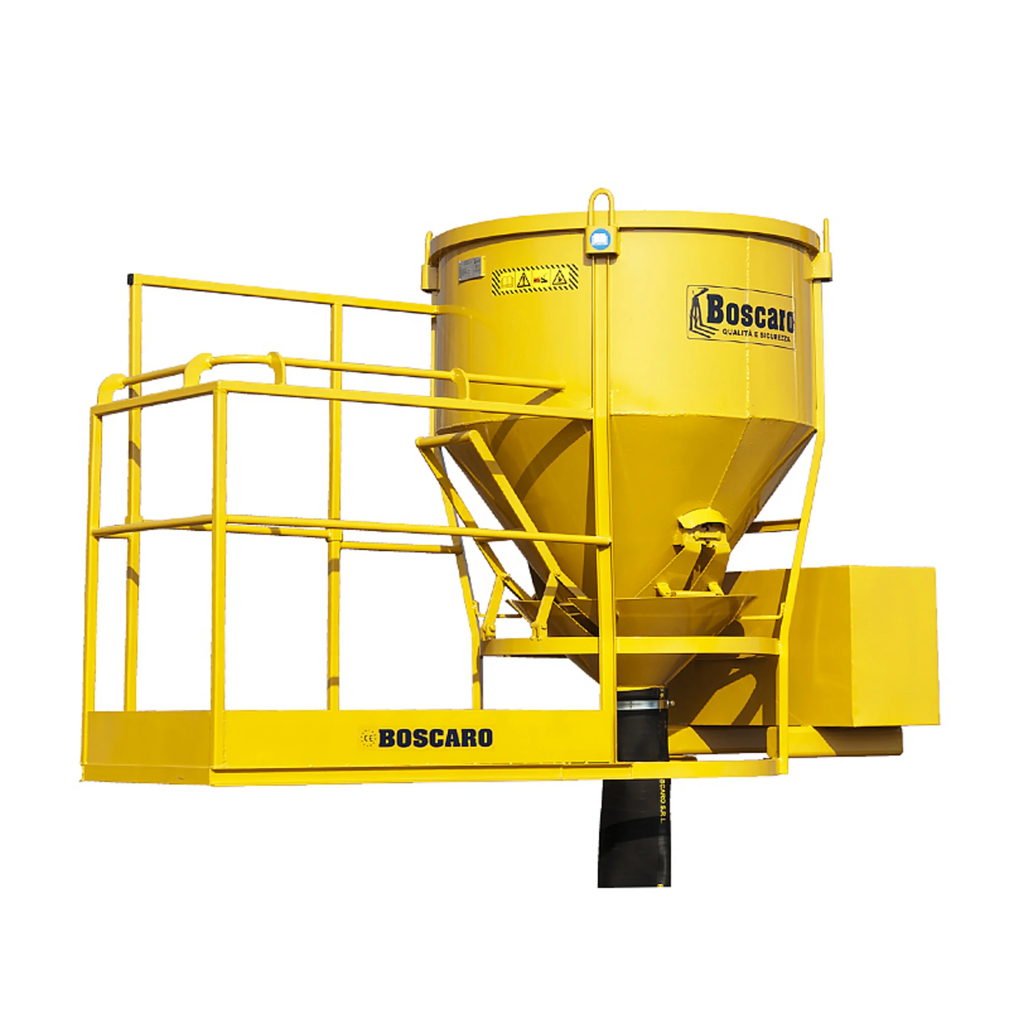 Conical concrete bucket with rubber hose and operator platform ...